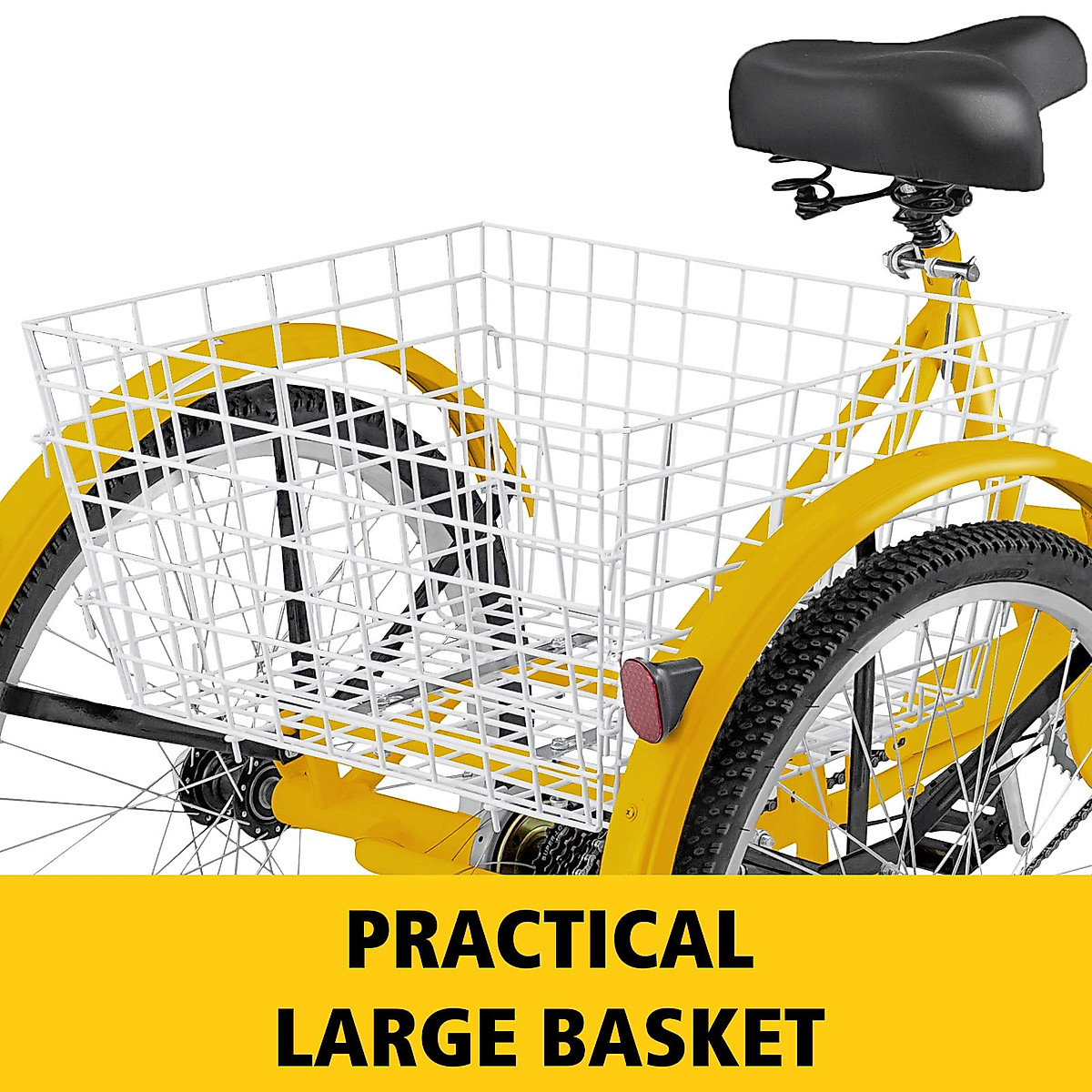 Happybuy Adult Tricycle 7 Speed Cruise Bike 20 inch Adjustable Trike with Bell Brake System Cruiser Bicycles Large Size Basket for Exercise (Yellow 20 7Speed)