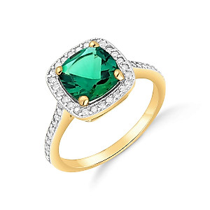 Galaxy Gold GG 1.85 Carat Total Weight 14K Solid Yellow Gold Emerald Natural Diamonds Halo Ring Brilliant Cushion Shape Cut and Round Diamonds Anniversary Engagement Promise Ring (6)