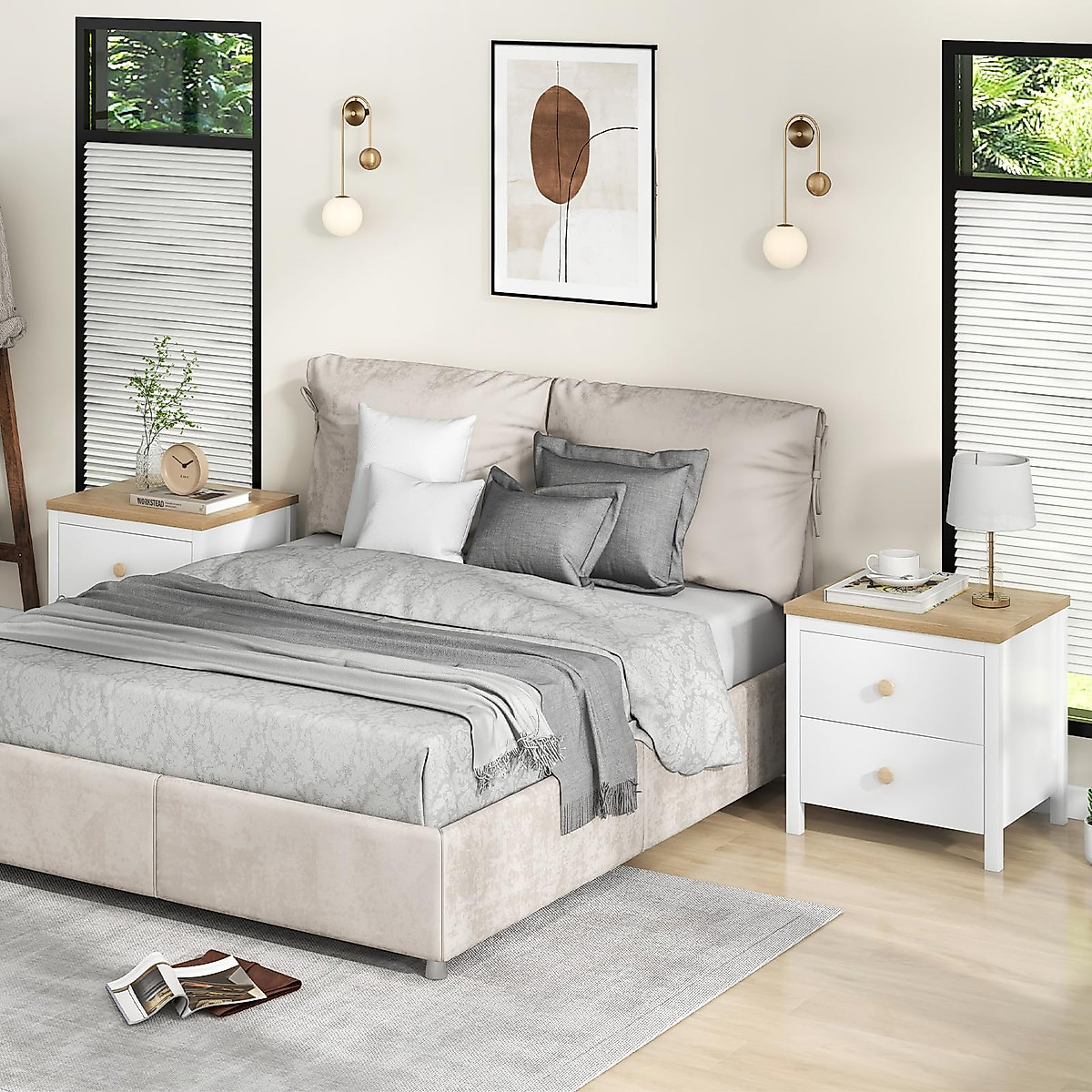 Giantex Night Stand with 2 Drawers, Farmhouse Bedside Table with Cute Round Knobs, Wooden Floor End Table with Rubber Wood Legs, Small Sofa Side Table for Small Space Kids Bedroom College, White