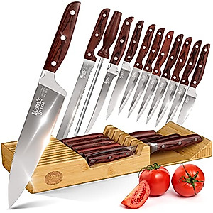 Mama's Great 12 Piece Knife Set with knife holder for kitchen drawer - Fillet Knife, Chef Knife, Bread Knife, Utility Knife, Paring Knife, 6 Steak Knives & Honing Steel