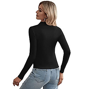 Verdusa Women's Casual Polo Neck Long Sleeve Ribbed Knit Button Up Tee T Shirt Top Black S