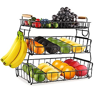 HOUMESO 3-Tier Countertop Fruit Basket Bowl with Banana Holder for Kitchen Beveled Detachable Fruit Vegetable Holder Storage Stand for Sorting Fruits