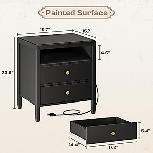Huuger Night Stand with Charger Station, Black Nightstand with 2 Drawers, Bed Side Table with Storage, Modern End Table, Metal Knobs, Painted Surface, for Bedroom