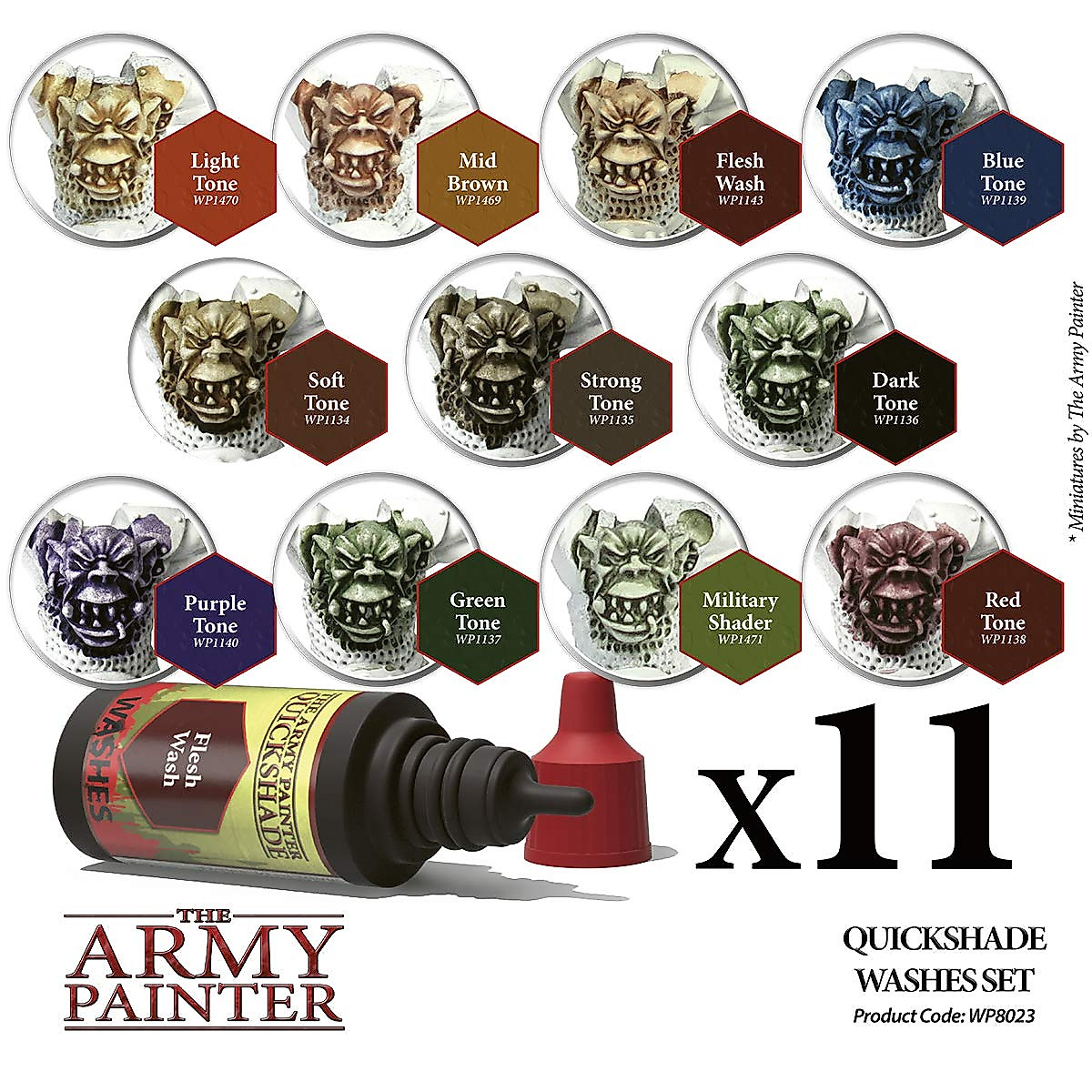 The Army Painter 11 Nontoxic Miniature Paint Washes in Dropper Bottles - Rich Pigment Fluid Acrylic Paint Washes Miniature Painting Kit, Liquid Acrylic Paint Set - Warpaint Quickshade Wash Set