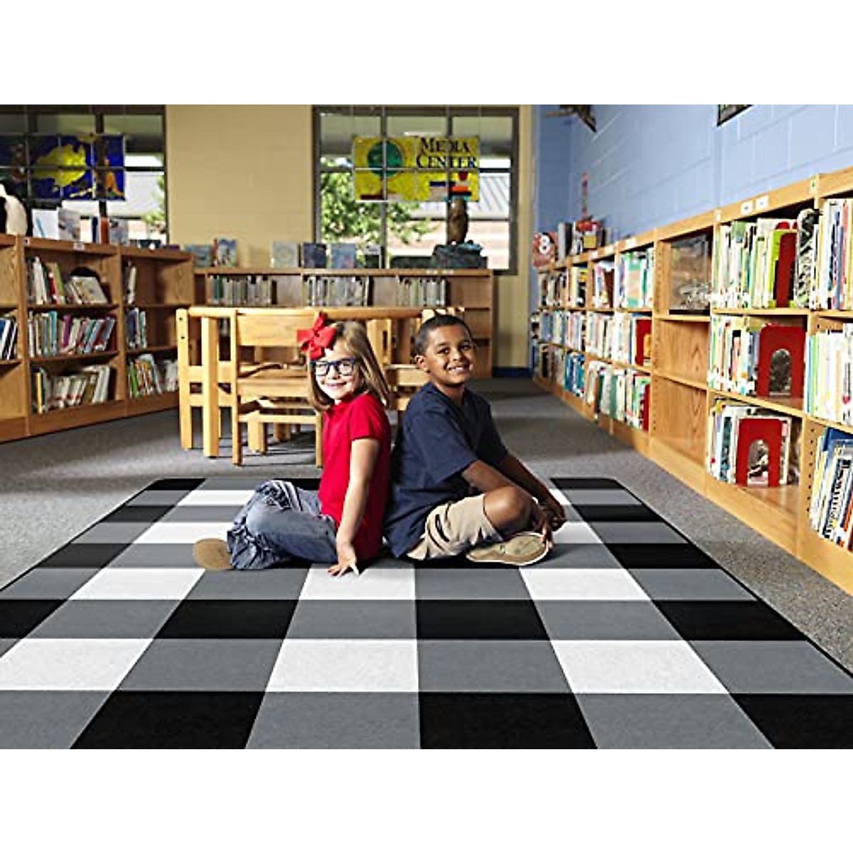 Flagship Carpets Schoolgirl Style Industrial Chic Black & White Buffalo Check Classroom Area Rug for Indoor Classroom Learning or Kid Bedroom Educational Play Mat, 7'6" x 12'