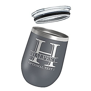 Personalized 12oz (17 Colors) Powder Coated Stainless Steel Stemless Wine Tumbler with Lid, Custom Etched, Customized Gift for Women Her, Wine Lover, Halpert Monogram Initial Name (Gray)