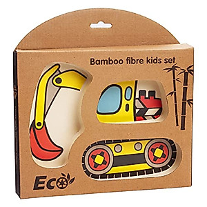 Kids Plate Set, Included Plate Fork and Spoon 3-Piece Set - Toddler Plates Dinnerware Dinner Dish Set Baby Feeding Divided Plate - Child Portion Control Bamboo Eco-Friendly (Excavators)