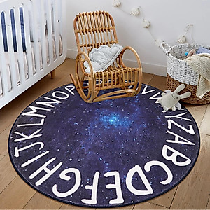 LIVEBOX Space Round ABC Rug for Kids Playroom, Alphabet Nursery Rug Crawling Play Mat for Children Bedroom, Galaxy Washable Rug Learning Carpet for Baby Toddlers Room (47",Star Blue)