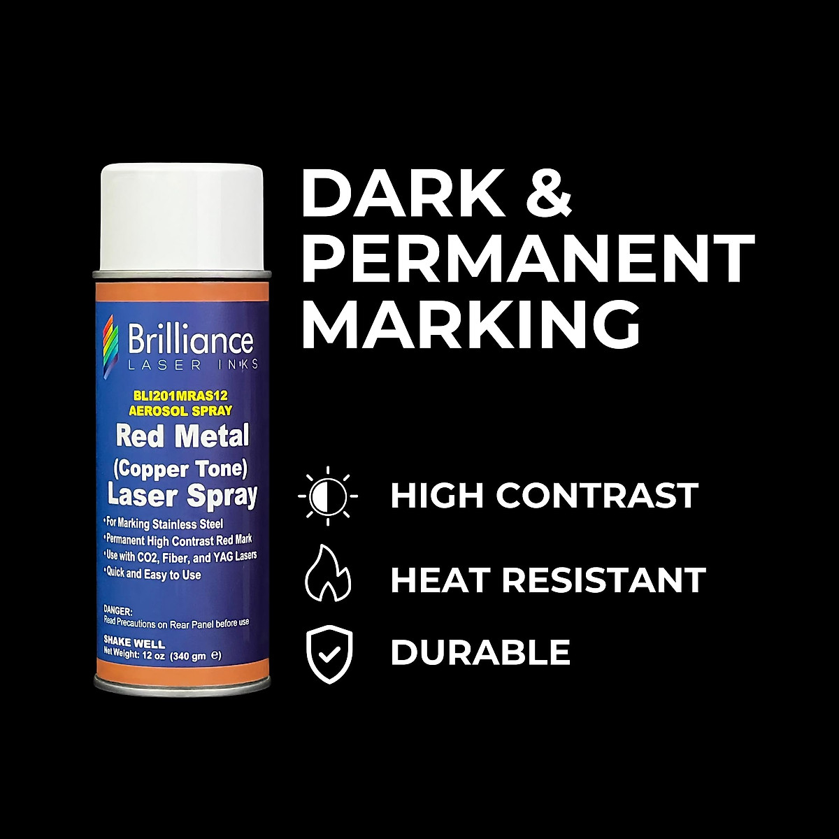 Brilliance Laser Inks 12 Oz Laser Marking Spray - Copper Tone Red, Permanent High Contrast Metal Engraving Aerosol for Fiber, YAG, Diode, and CO2 Laser Engraver Machine, BLI201