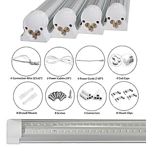 Arrow Overhead LED Shop Light Fixture 270 Degree Lighting for Garage, Shop, Barn -T8 Integrated LED Tube Light- 4 Pack - 8FT Length - 5000K Temperature - Plug and Play