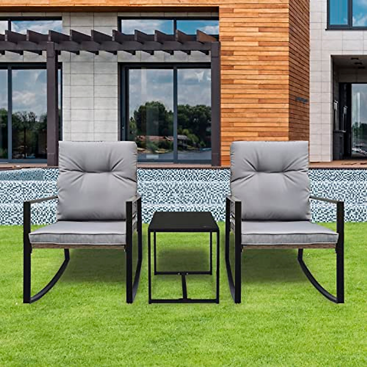 YIYAN 3 Piece Bistro Set Outdoor Patio Rocking Wicker Chairs with Washable Cushion and Coffee Table (Gray)