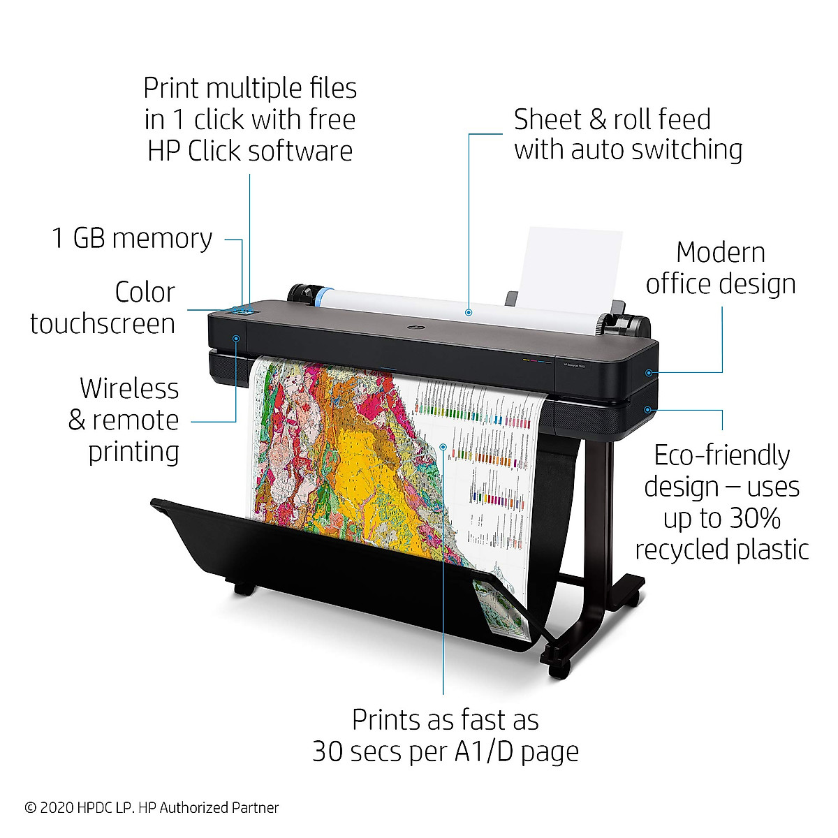 HP DesignJet T630 Large Format Wireless Plotter Printer - 36" (5HB11A), with Standard Genuine Ink Cartridges (4 Inks) - Bundle