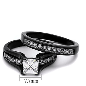 Marimor Jewelry Black Ion Plated Stainless Steel His and Hers 3 Piece Wedding Engagement Ring Band Set Women's Size 08 Men's 08mm Size 11