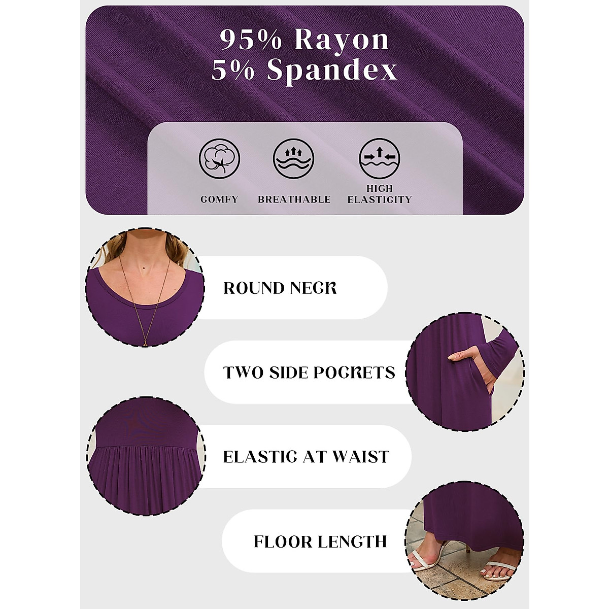 DEARCASE Maxi Dress for Women Purple Small Crewneck Long Sleeves Wedding Guest A-line Plain Casual Empire Waist Flowy Party Vintage Spring Fall Winter Floor Dresses with Pocket