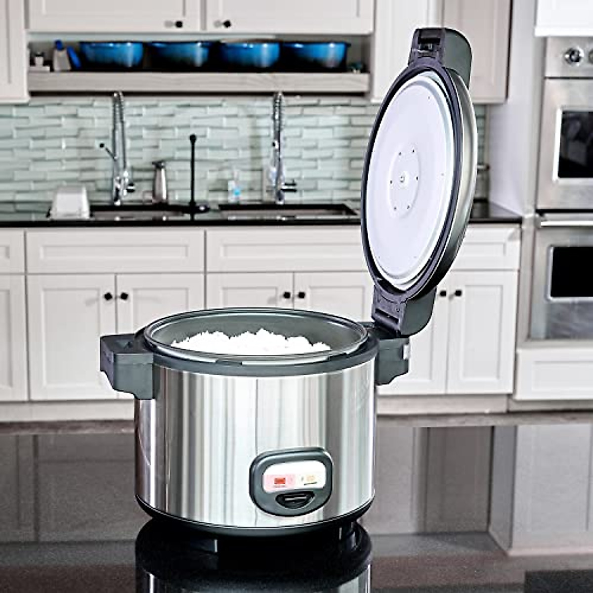 Commercial Stainless Steel Rice Cooker - Professional 60 Cup Cooked (30 Cup Uncooked) Rice Maker Cooker With Non Stick Pot & Hinged Lid - Includes a Rice Measuring Cup & Rice Scoop