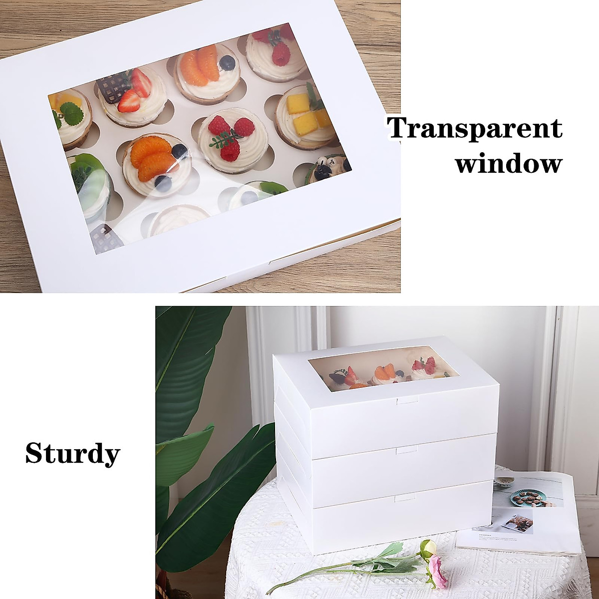 Moretoes 30pcs Cupcake Boxes Bulk White Cupcake Containers with Windows 30 Pcs 12 Count Cardboard Inserts to Fit Muffins Cupcake Carrier for Cookies