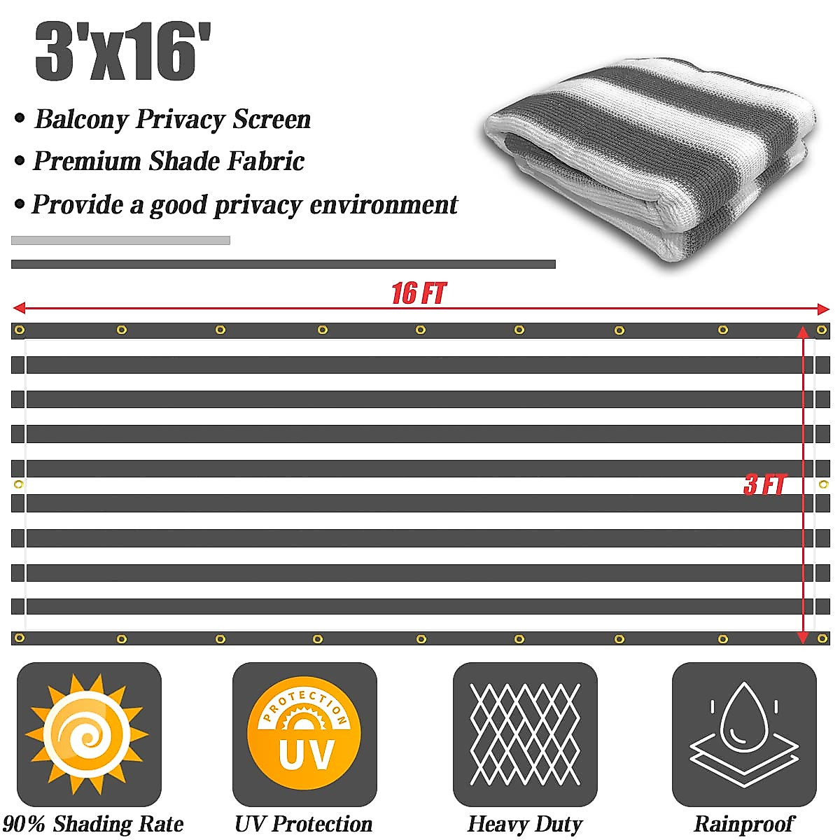 Vocray 3' x 16' Grey White Balcony Privacy Screen Fence Cover UV Resistant Protection Heavy Duty for Deck, Patio, Backyard, Railing Shield, Cable Ties Included, 90%