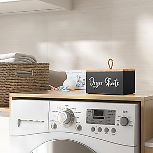 Dryer Sheet Holder, Wooden Laundry Sheets Container, Laundry Room Organization and Storage for Farmhouse Laundry Room Decor and Accessories, Fabric Softener Dispenser, Black