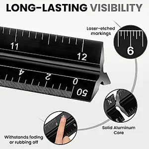 NOKKO Architectural and Engineering Scale Ruler Set - Professional Measuring Kit for Drafting, Construction - Imperial and Metric Conversion Table Included - Laser-Etched Markings, Anodized Aluminum