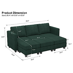 Belffin Corduroy Sectional Sleeper Sofa with Storage Ottoman, Modular Luxury Sectional Sofa with Chaise, Convertible Modern Sectional for Living Room, Green