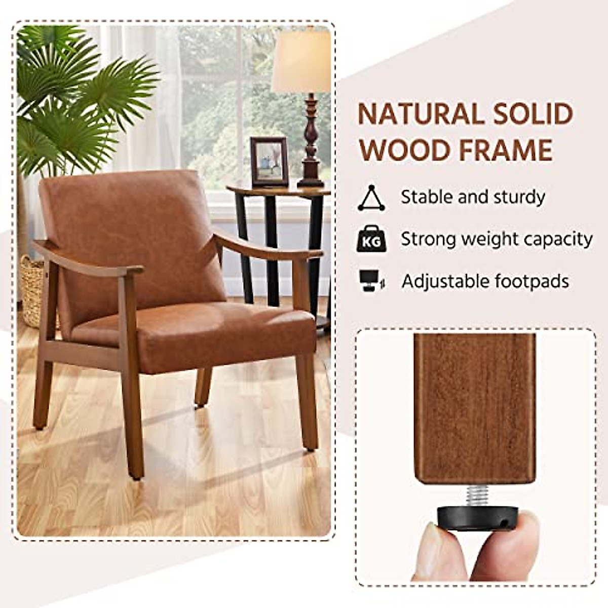 Yaheetech PU Leather Accent Chair, Mid-Century Modern Armchair with Solid Wood Legs, Reading Leisure Chair with High Back for Living Room Bedroom Waiting Room, Light Brown 1