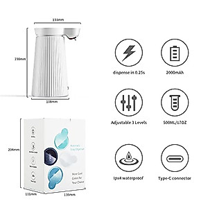 HYHome 17oz/500ml Touchless Automatic Soap Dispenser, Foaming Soap Dispenser 3-level Adjustable, Display of Dispensing Level, Battery Level, Time, Low Liquid Reminder Suitable for Kitchen and Bathroom