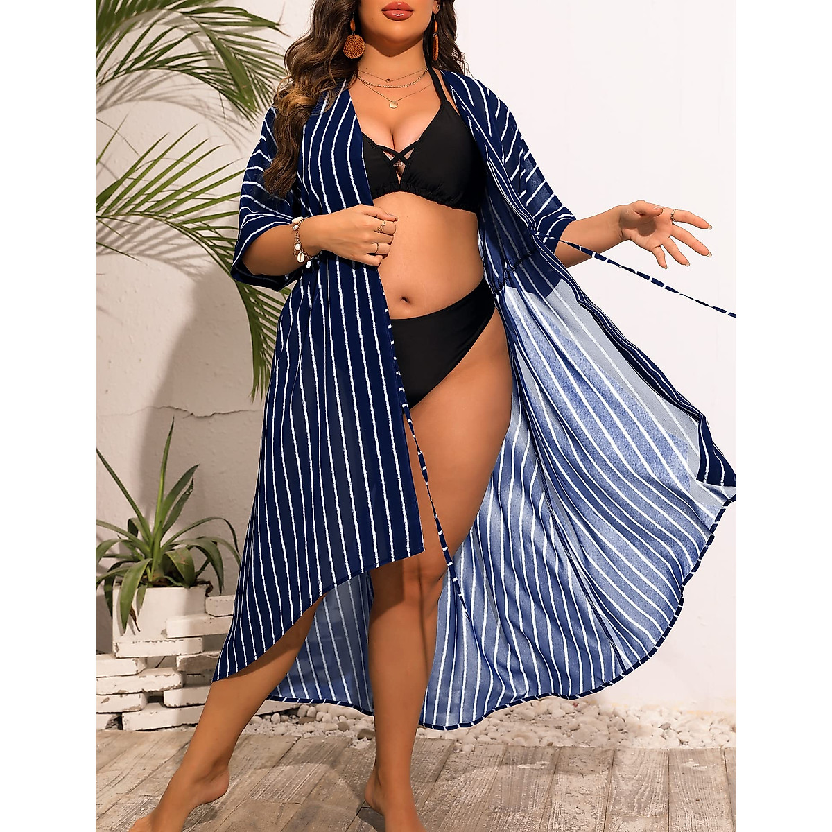 SWOMOG Women Cover Ups Plus Size Swimsuit Chiffon Kimono Long Cardigan Open Front Bathing Suit Summer Flowy Bikini Beachwear
