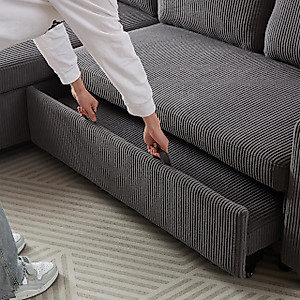 FANYE L-Shaped 3-Seaters Reversible Sleeper Sectional Convertible Sofabed Comfortable Corduroy Upholstered Corner Sofa with Pull Out Sleep Couch Bed and Cupholders for Compact Space Living Room