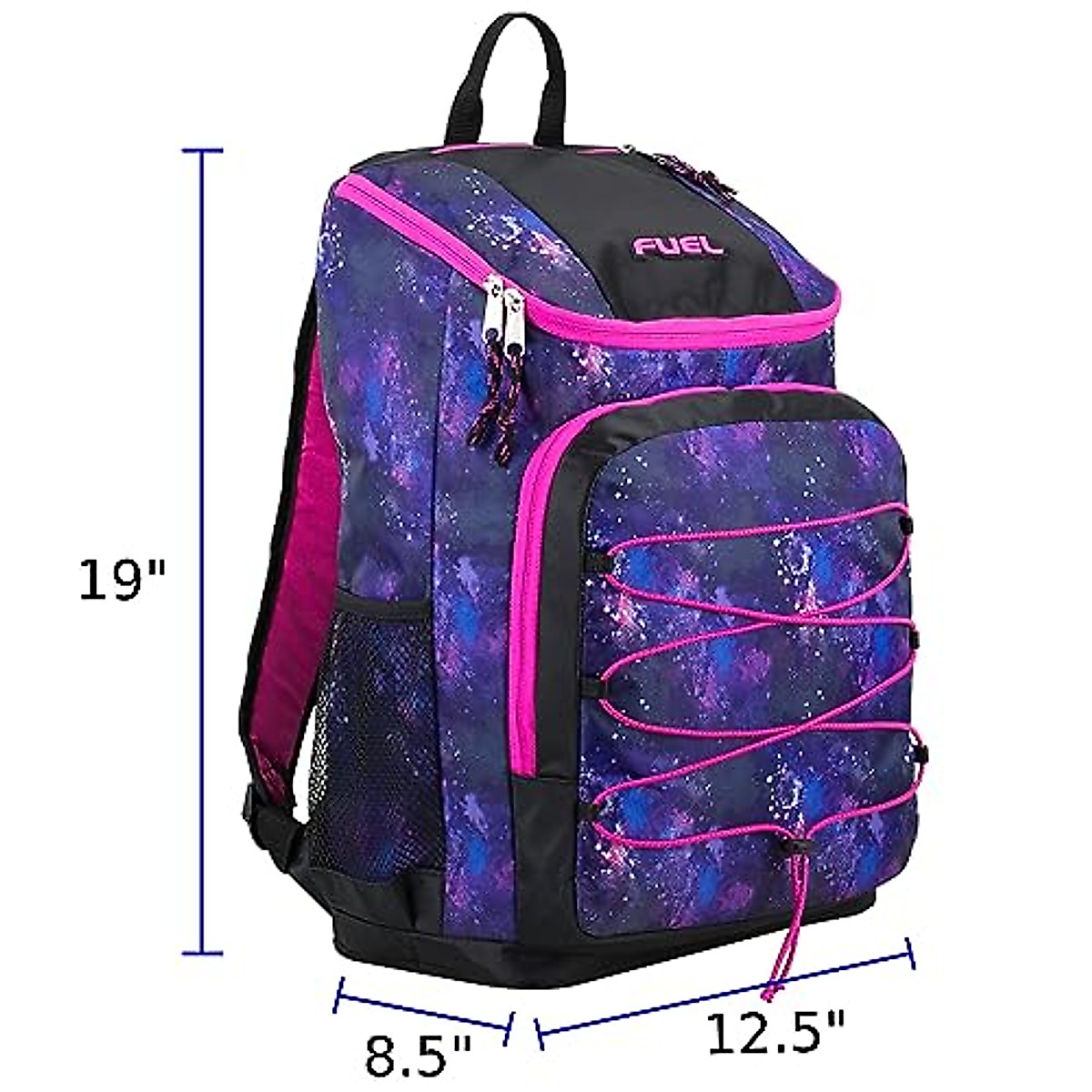 FUEL Wide Mouth Sports Luggage Backpack with Front Bungee and Inner Tech Pocket, Black/Hot Pink/Galaxy Print