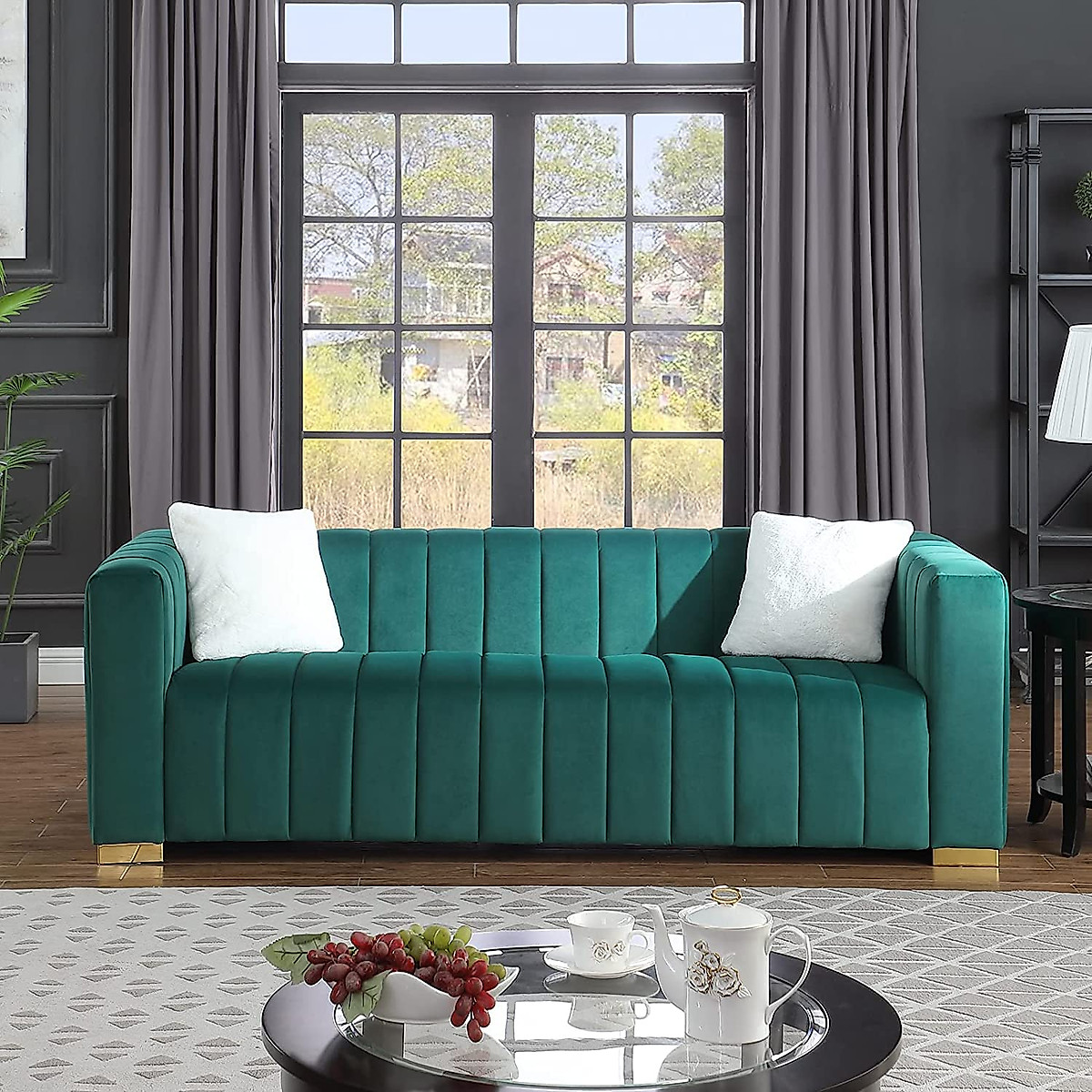 JUSTONE Modern Sofa Couch for Living Room, Mid Century 3-Seater Velvet Chesterfield Sofa, Upholstered Couch with Gold Leg&Pillows for Apartment, Office,Easy to Install- Dark Green