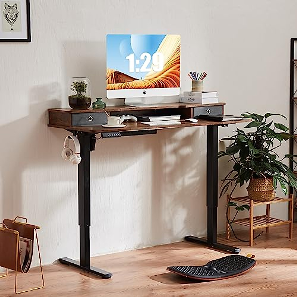 Sweetcrispy Electric Standing Desk Adjustable Height, 55 x 24 inch Stand up Sit Stand Desk with Drawers, Ergonomic Home Office Rising Table Computer Workstation with Storage Shelf, Rustic Brown