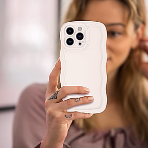 YINLAI Designed for iPhone 14 Pro Max Case 6.7 Inch, Cute Curly Wave Frame Shape Slim Soft Silicone Gel Rubber Phone Cover, TPU Bumper Women Girly Shockproof Protective Case, White/Stone