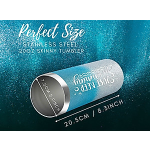 Onebttl Swimming Gifts, Swimmer Stainless Steel Skinny Tumbler for Women, Teen Girls, Teammate, Coach (20oz, Glitter Silver & Blue)-Just Keep Swimming