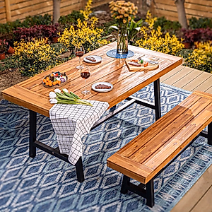 PHI VILLA Outdoor Wood Table Bench Set for 3, 1 Wood Dining Table & 1 Wooden Bench, Acacia Wood Patio Furniture Set for Porch Yard Deck, Teak Color