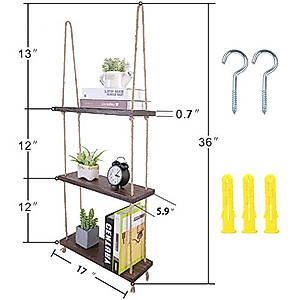 HXSWY Rustic Rope Hanging Shelves for Wall Wood Window Plant Shelf Indoor 3 Tier Dark Brown