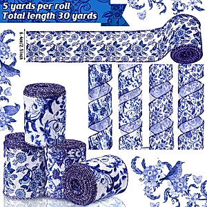 Lyrow 6 Rolls Christmas Chinoiserie Ribbon White and Blue Wired Edge Floral Ribbon Butterfly Flower Pattern Fabric Craft Wreath Bow Wrapping 2.52 Inches by 5 Yards