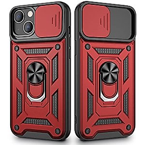 VEGO Compatible for iPhone 13 Case, iPhone 13 Kickstand Case with Slide Camera Cover, Built-in 360° Rotate Ring Stand Magnetic Cover Case for iPhone 13 6.1 inch 2021 - Red