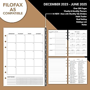 2024/25 A5 Calendar Planner Inserts - 8 1/4 x 5 5/8 (21cm x 14.2cm) - Ivory Color - Thick Monthly & Weekly Calendar Refill for A5 6-Ring Binder Planner, Compatible with Filofax, to June 2025