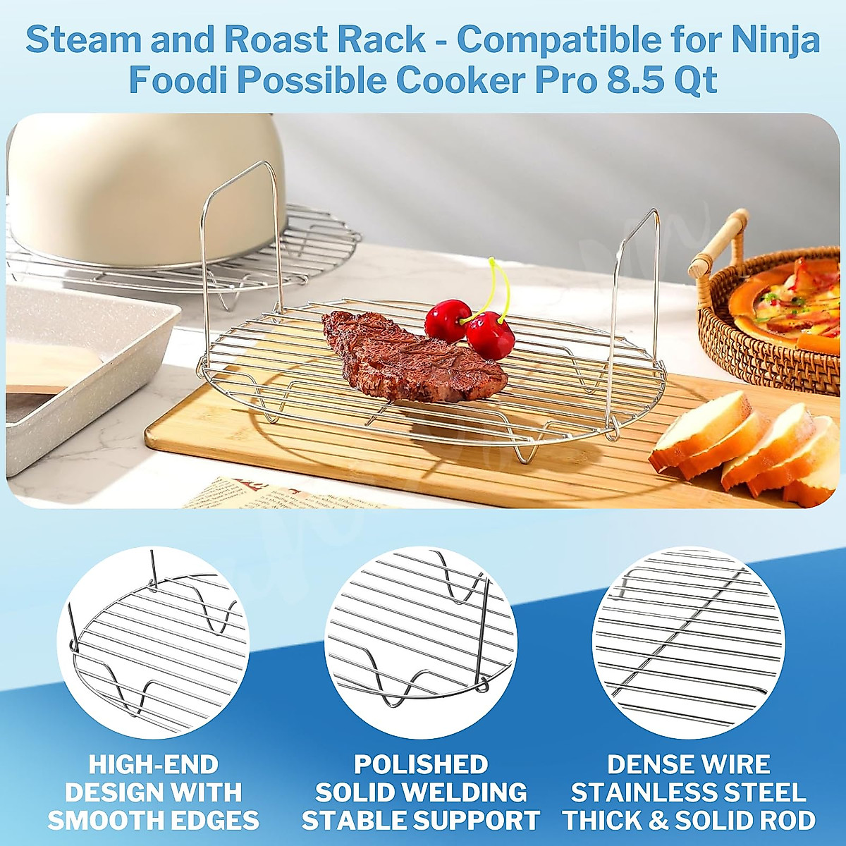 Steam and Roast Rack Compatible with Ninja Foodi Possible Cooker Pro 8.5 Qt MC1000, MC1001, MC1010 Series Slow Cooker Crock Pot- 304 Stainless Steel Rack with Gloves & Oil Brush