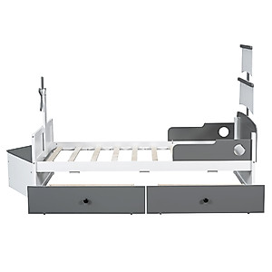 Merax Kids Cute Boat-Shaped Platform Beds Frame with Drawers, Wood Low Daybed with Ottoman for Boys,Girls, No Box Spring Need (Twin, White+Gray)