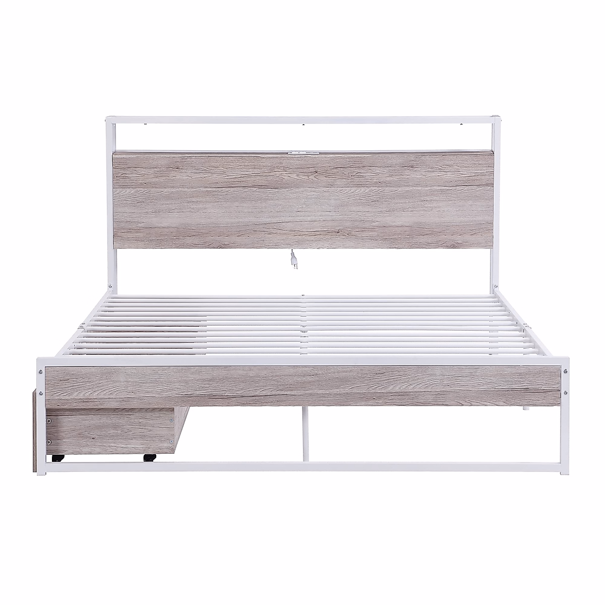 CITYLIGHT Metal Bed Frame Queen with Two Drawers, Queen Size Storage Bed with Sockets, USB ports and Slat Support,No Box Spring Needed,Easy Assembly,White