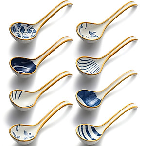 Soup Spoons Ceramic Large Asian Soup Spoon Set of 8 Ramen Spoons Korean Style Long Handle Spoons for Pho Noodles Dumpling Miso Dessert Cereal (Style 1)