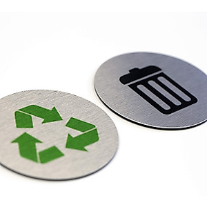 Metal Trash & Recycling Signs | Garbage & Recycling Bin Marker | Set of 2 - 1 Black Trash Sign & 1 Green Recycle Sign | 3" Round, Brushed Silver Aluminum Signs | Made in USA