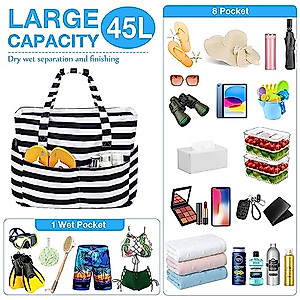 hatisan Beach Bag Waterproof Sandproof for Women Extra Large Beach Tote Bag Pool Bag with Zipper for Gym Grocery Travel with Wet Compartment(Stripe)