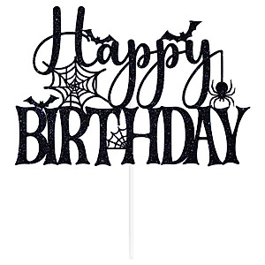 Black Glitter Happy Birthday Cake Topper, Happy Booday/Happy Halloween Birthday, Funny Ghoust Scary Halloween Themed Birthday Party Decorations for Kids