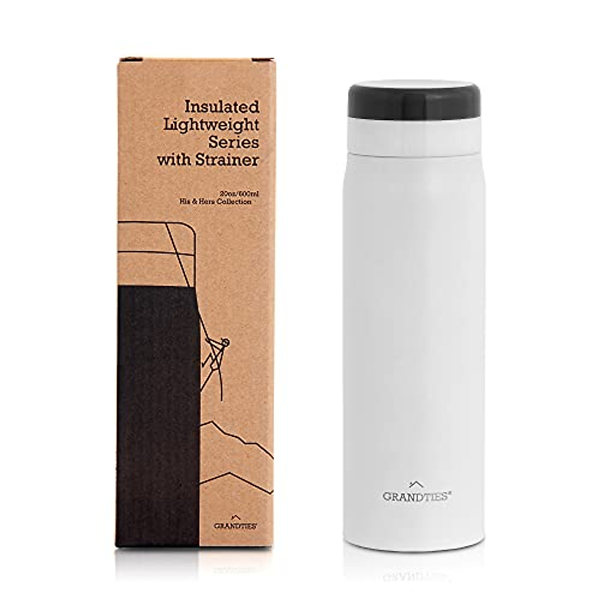 GrandTies Lightweight Travel Water Bottle with Strainer- 20oz Vacuum Insulated Water Bottles for Men & Women, Double Walled Metal Canteen, Keep Your Favorite Beverages Hot or Cold (White)