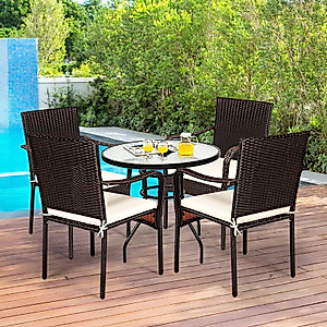 HAPPYGRILL 4 Pack Stackable Rattan Chairs Outdoor Patio Dining Chairs with Removable Cushions and Rustproof Steel Frame All-Weather PE Wicker Stacking Bistro Chairs for Balcony Garden Backyard