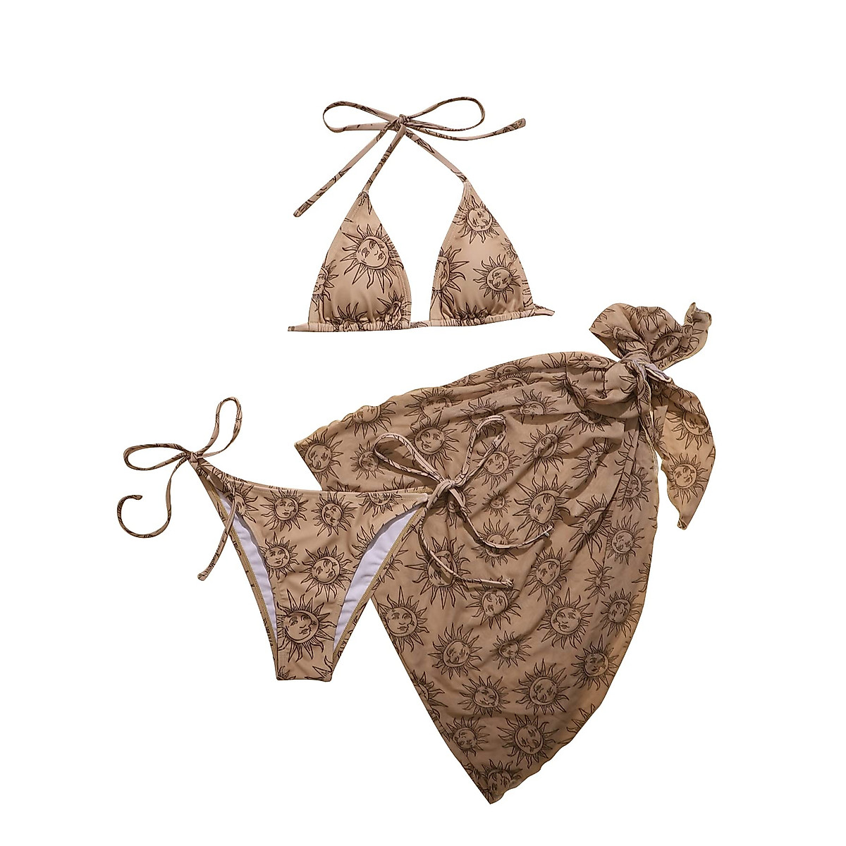 SOLY HUX Women's 3 Piece Swimsuits Print Halter Triangle Tie Side Bikini Bathing Suit with Cover Up Beach Skirt Brown XS