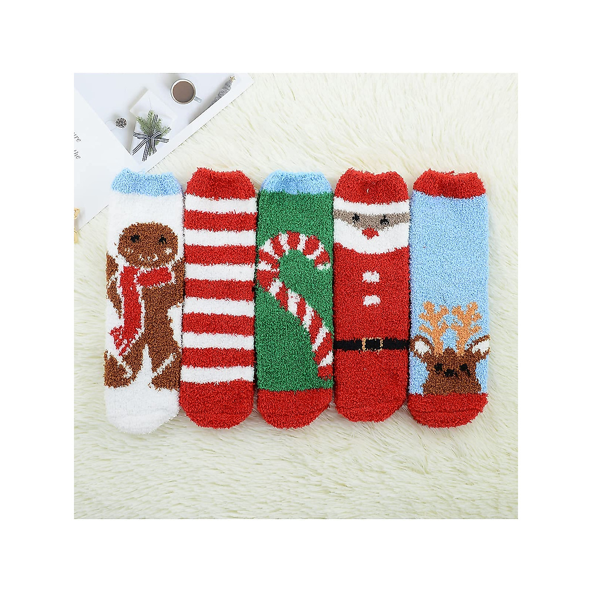 Century Star Womens Fuzzy Socks with Grips Hospital Socks Non Slip Slipper Socks Athletic Fluffy Cozy Gripper Yoga Pilates Socks for Christmas 5 Pairs Chriatmas Set