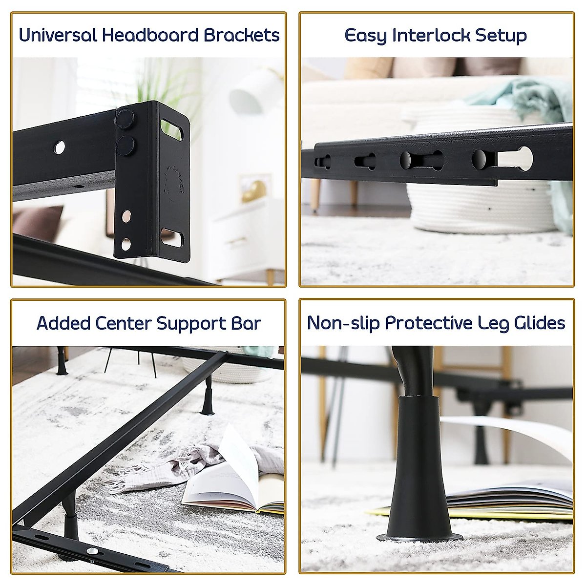 Clara Clark Adjustable Bed Rails - Metal Adjustable Bed Frame with Bed Center Support Leg - 5.25” H Low Bed Frame - Expands from Twin Size Bed Frame to Full Bed Frame, Metal Queen Bed Frame, Black
